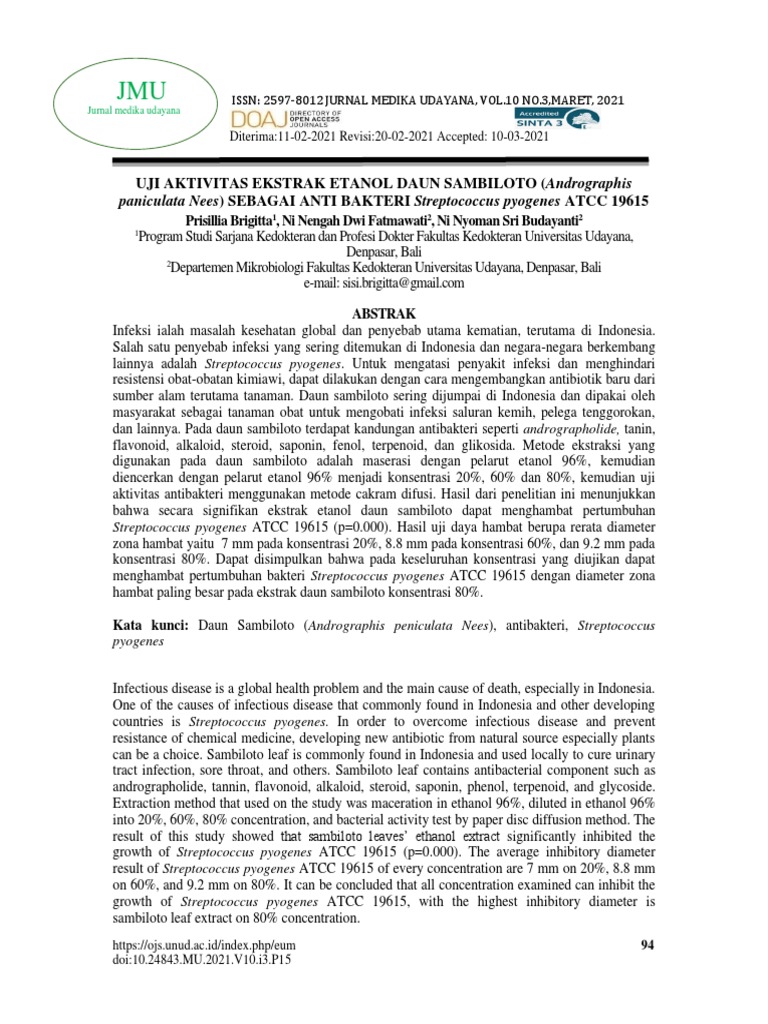 Uji Aktivitas Ekstrak Etanol Daun Sambiloto (Andrographis | PDF