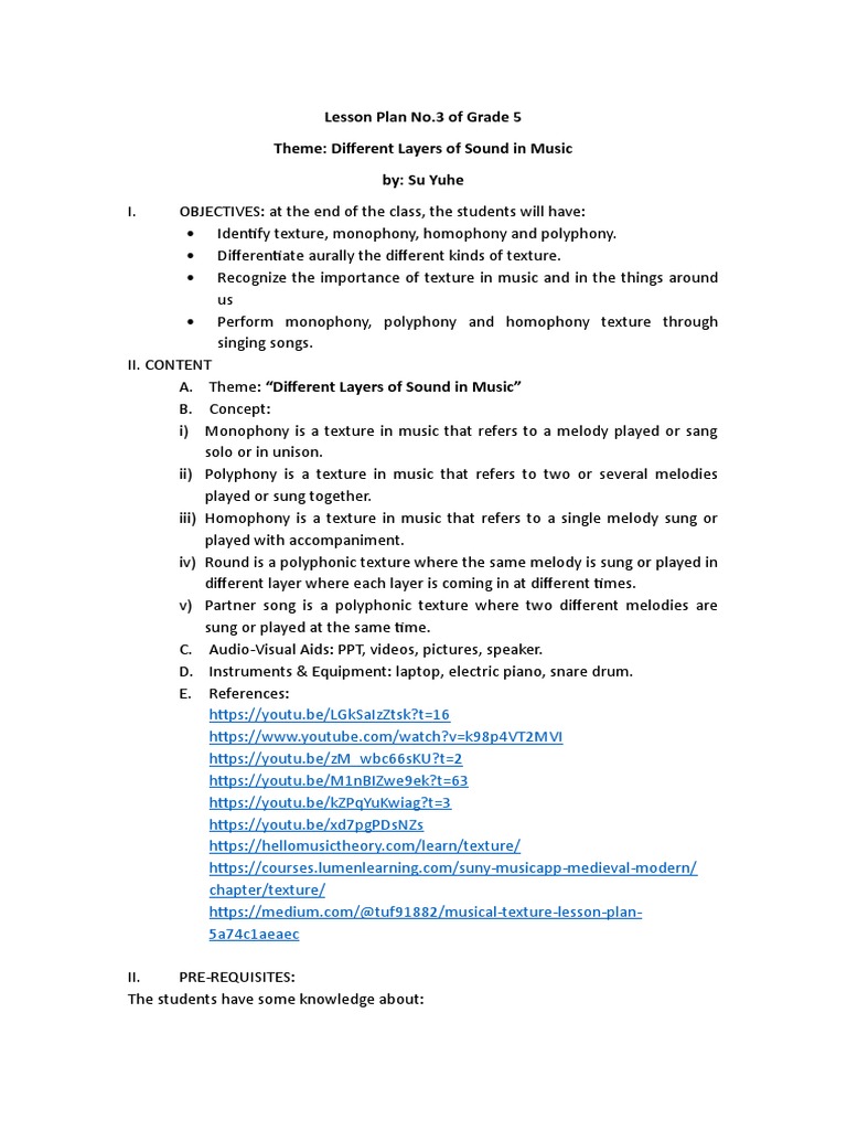 Lesson Plan No.3 of Grade 5 Theme: Different Layers of Sound in Music By: Su Yuhe | PDF ...