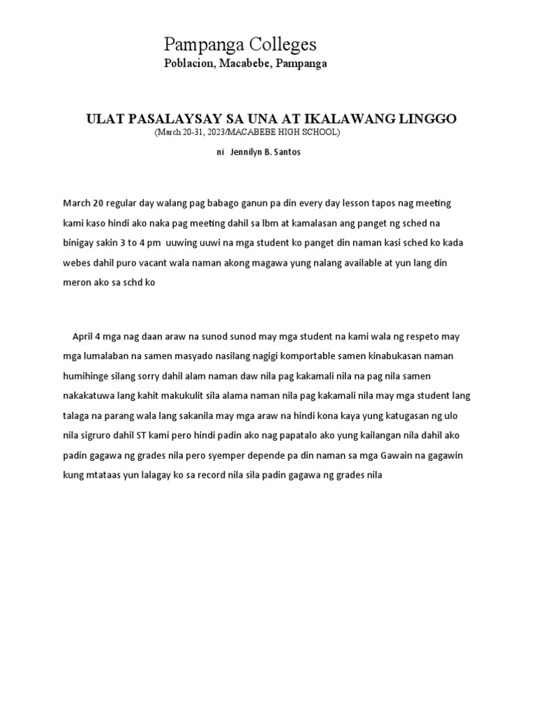 Ulat Pasalaysay Sa Una at Ikalawang Linggo | PDF