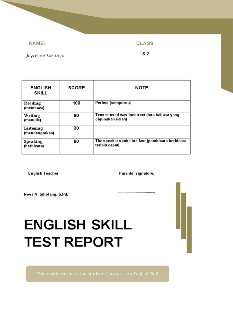 English Skill Test Report: Name: Class | PDF