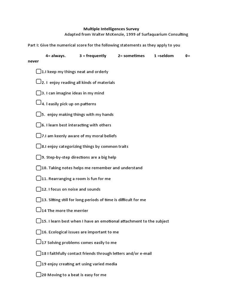 Multiple Intelligences Survey in File | PDF | Attitude (Psychology ...