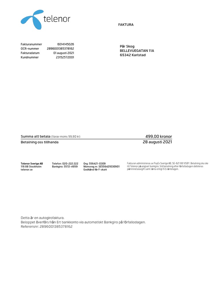 Faktura: Fakturanummer 6014145026 OCR-nummer 2896001385378162 ...
