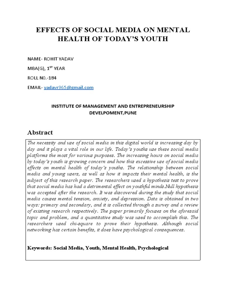 Effects of Social Media On Mental Health of Todays Youth | PDF ...
