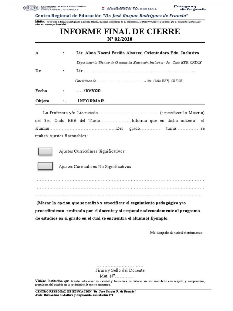 Informe Final de Cierre | PDF | Maestros | Aprendizaje