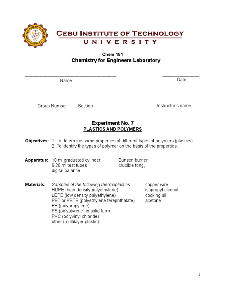 Expt. No. 7 Plastics and Polymers | PDF