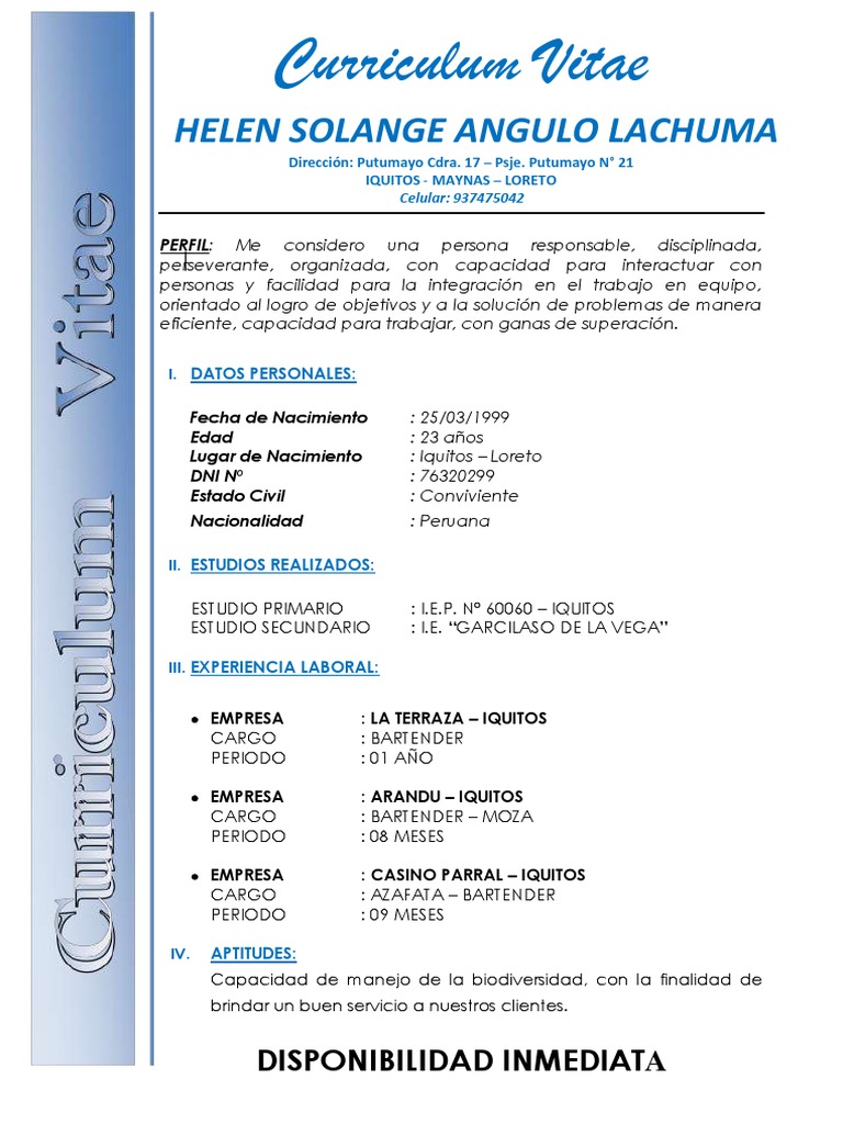 Curriculum Vitae HELEN SOLANGE ANGULO LACHUMA | PDF