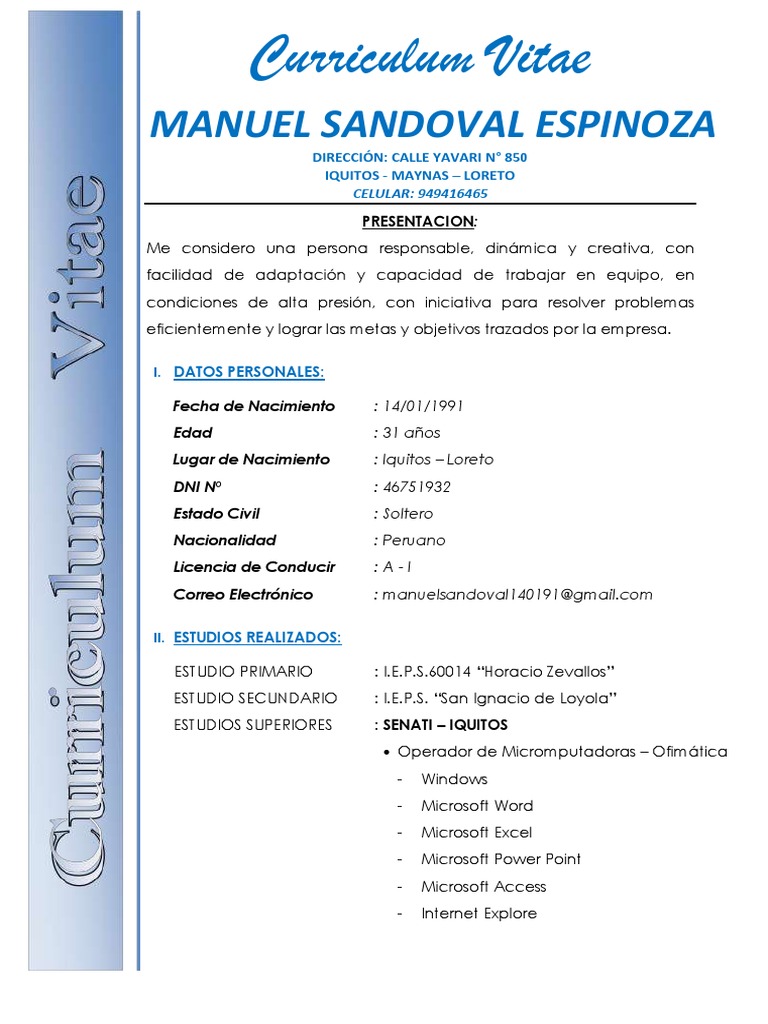 Curriculum Vitae MANUEL SANDOVAL ESPINOZA | PDF | Microsoft | Software