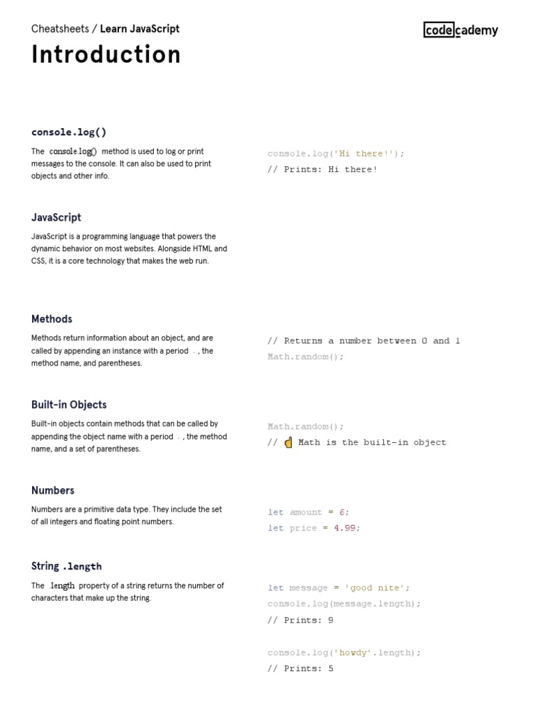 Console Log Learn Javascript Cheatsheets Pdf Java Script Variable Computer Science 9944