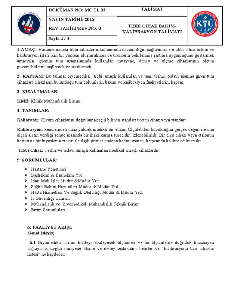 TIBBİ CİHAZ BAKIM VE KALİBRASYON TALİMATI | PDF