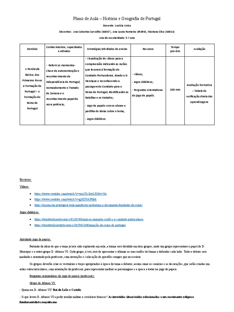 Plano de Aula HGP | PDF | Portugal