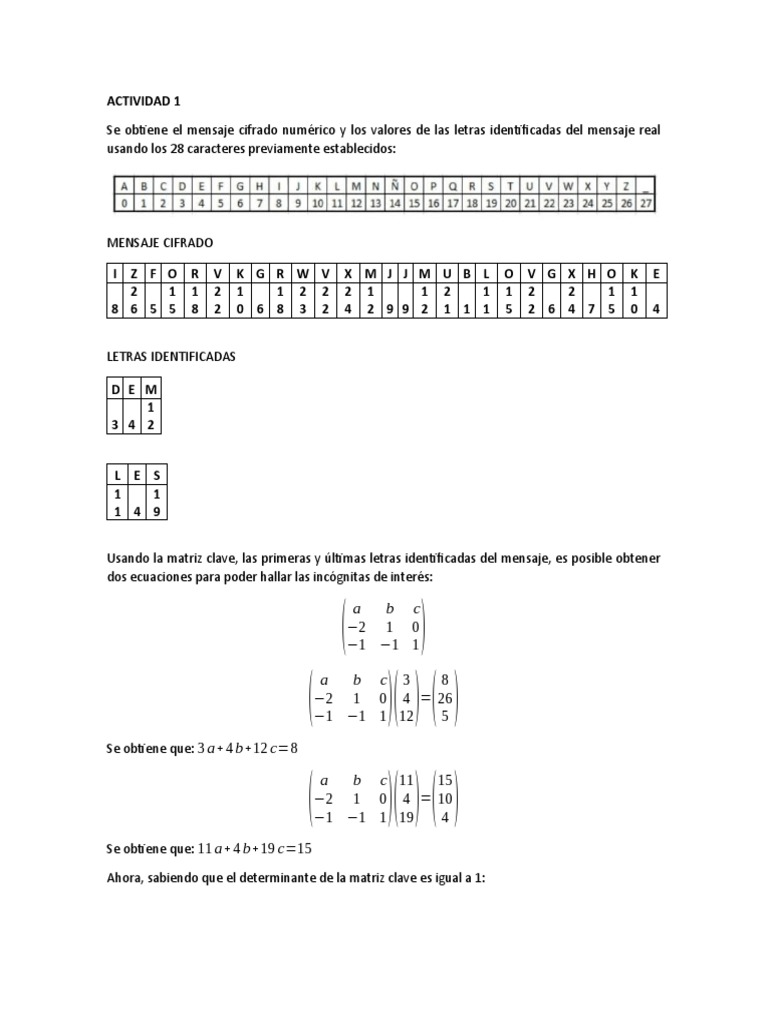 Ejercicio - POLI - Algebrea - Descrifado Hill - Solucion | PDF | Determinante | Ecuaciones