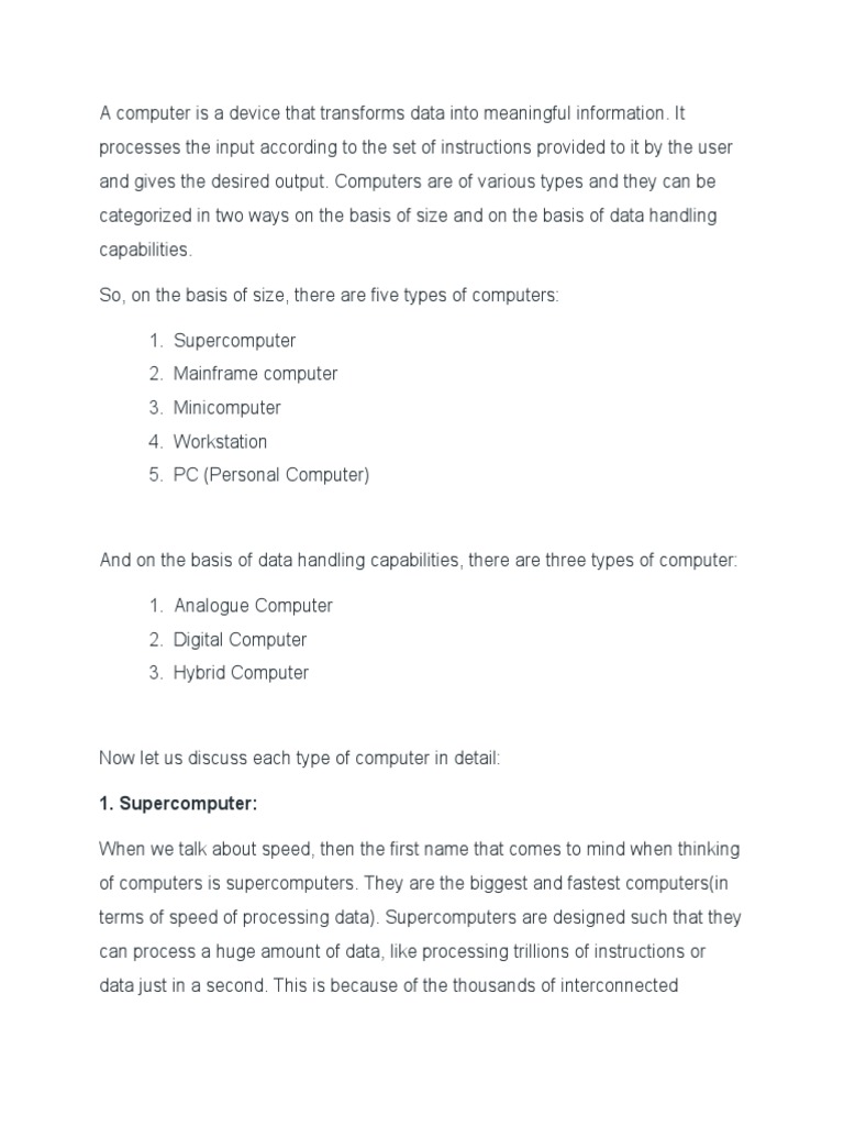 The 5 Types of Computers Based on Size and Data Handling Capabilities | PDF | Central Processing ...