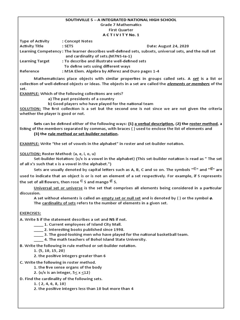 Activity No. 1 Sets | PDF | Set (Mathematics) | Mathematical Logic