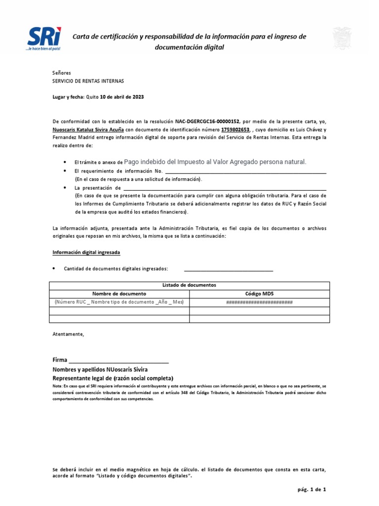 03 - Carta de Certificación y Responsabilidad de La Información para El Ingreso de Documentación ...
