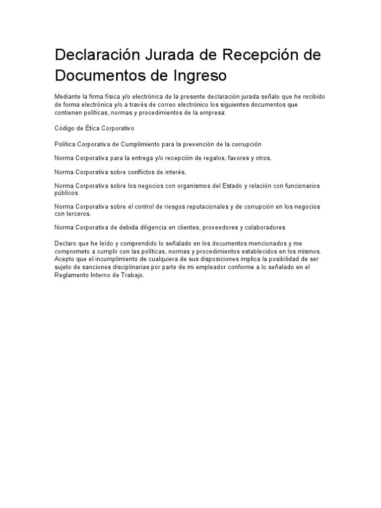 Declaración Jurada de Recepción de Documentos de Ingreso v.1 | PDF