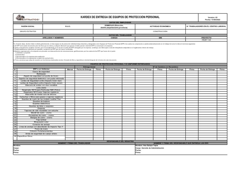 Kardex de Entrega de Epp - Vacío | PDF | Seguridad y salud ocupacional | Equipo de protección ...