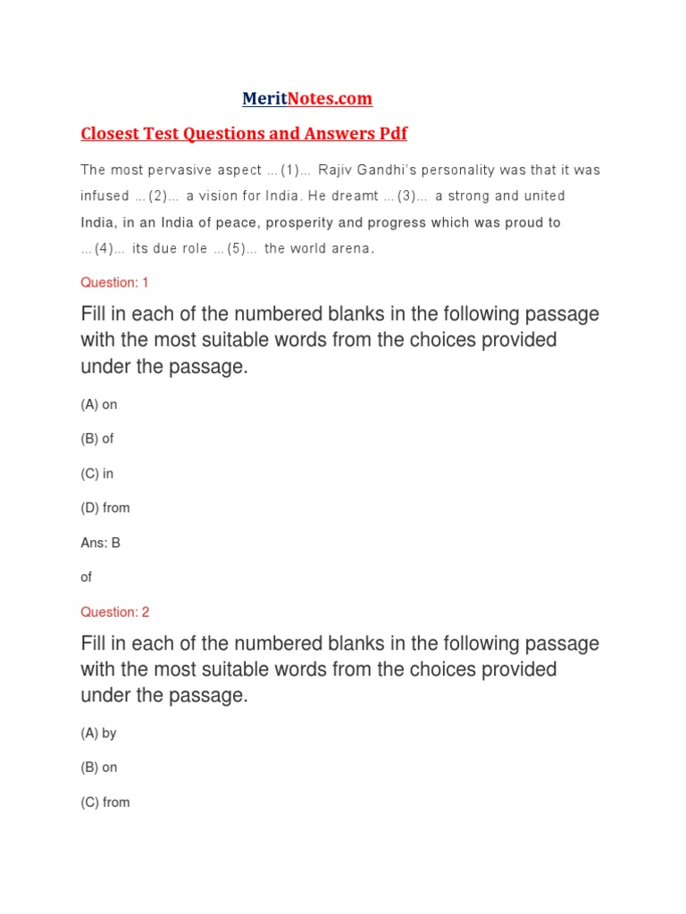 Closest Test Questions Answers | PDF