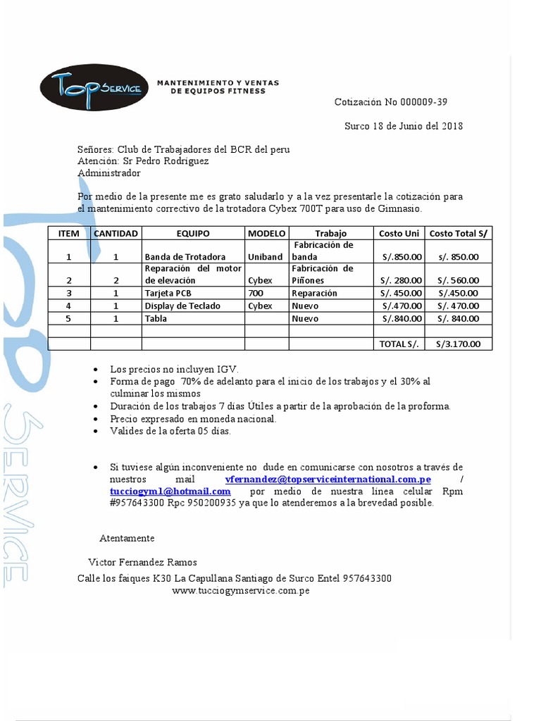 Cotizacion Trotadora Cybex 700T Reserclub Correctivo | PDF | Hogar ...