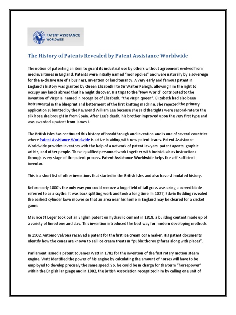 The History of Patents Revealed by Patent Assistance Worldwide | PDF ...