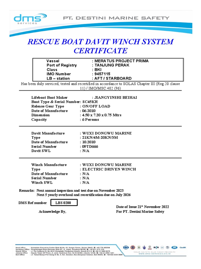 Rescue Boat Davit Winch Certification | PDF