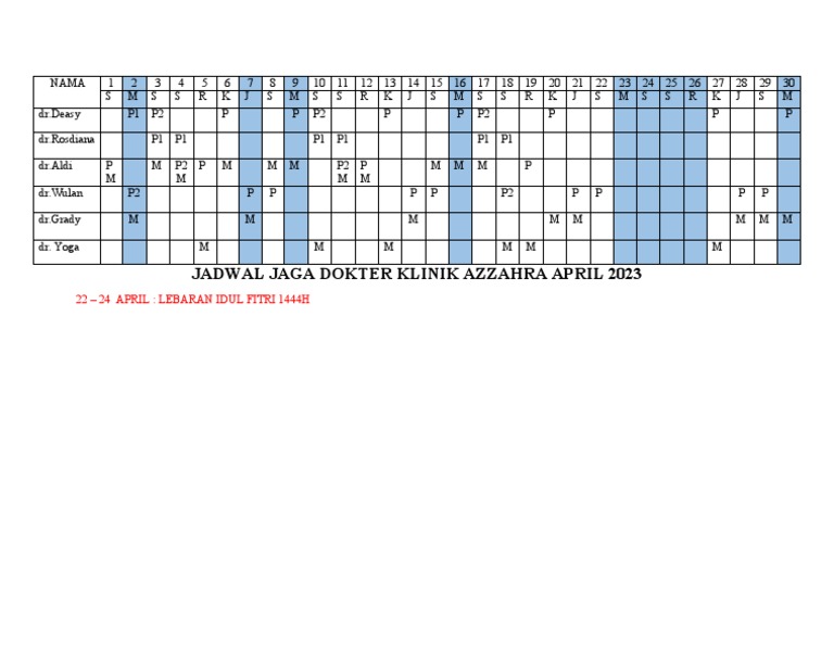 Roster Schedule for Doctors at Klinik Azzahra for April 2023 including ...