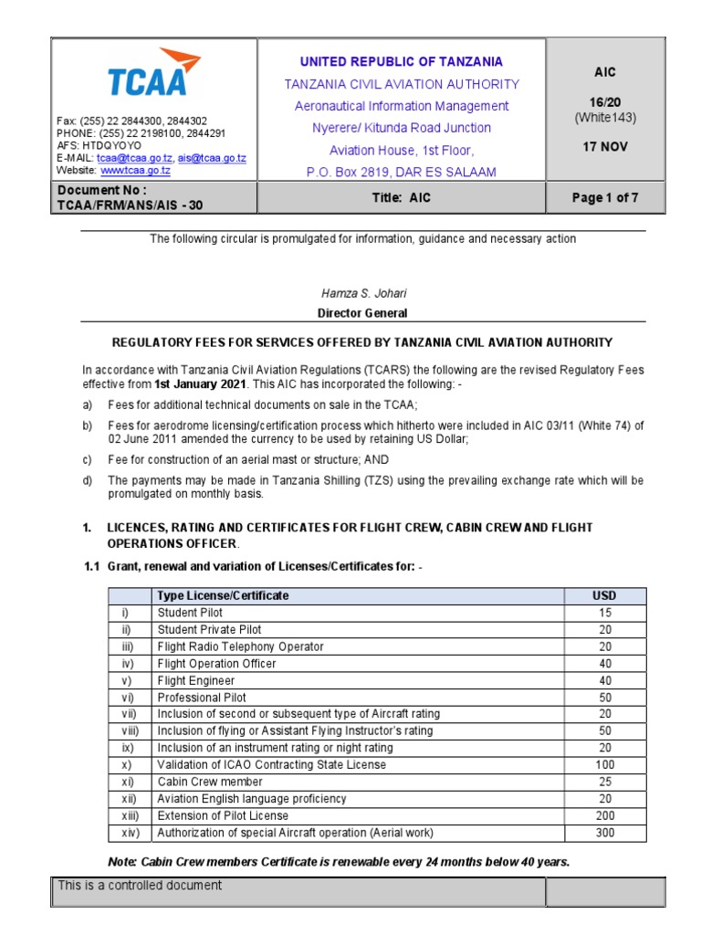 Regulatory Fees for Services Offered by Tanzania Civil Aviation ...