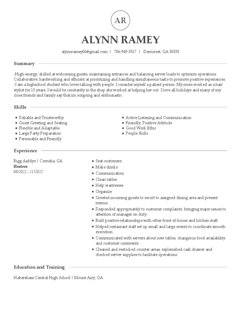 Alynn Ramey Resume | PDF | Waiting Staff | Foodservice