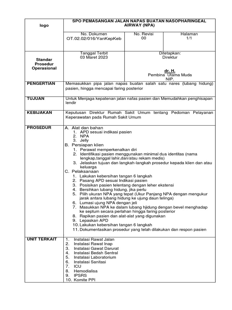 Spo Pemasangan Jalan Napas Buatan Nasopharingeal Airway (Npa) Ok | PDF