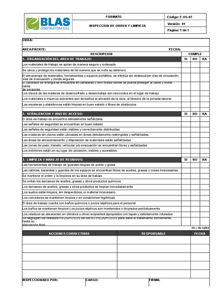 Inspección de orden y limpieza en el área de trabajo | PDF | Materiales