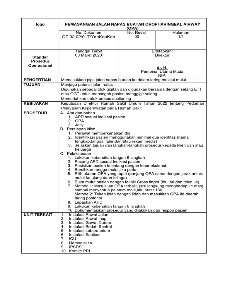 Spo Pemasangan Jalan Napas Buatan Oropharingeal Airway (Opa) | PDF