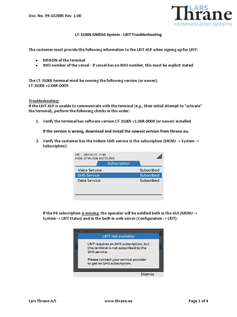 99 102885 Rev. 1.00 LT 3100S GMDSS System LRIT Toubleshooting | PDF