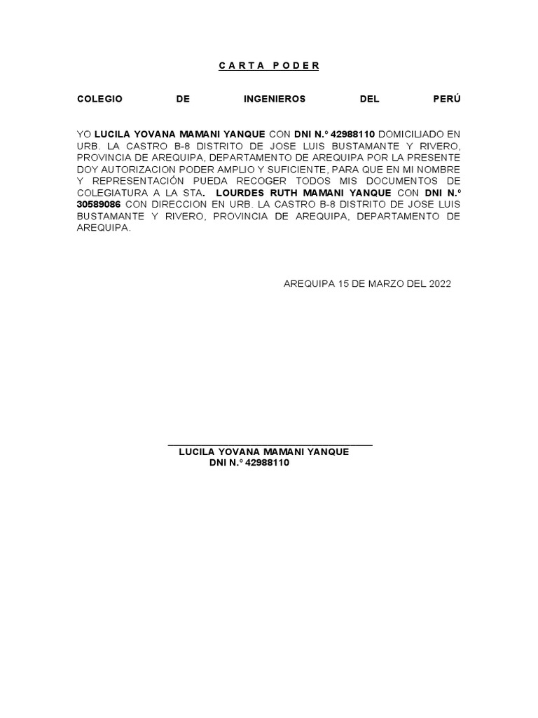 Carta Poder Colegio DE Ingenieros DEL Perú | PDF
