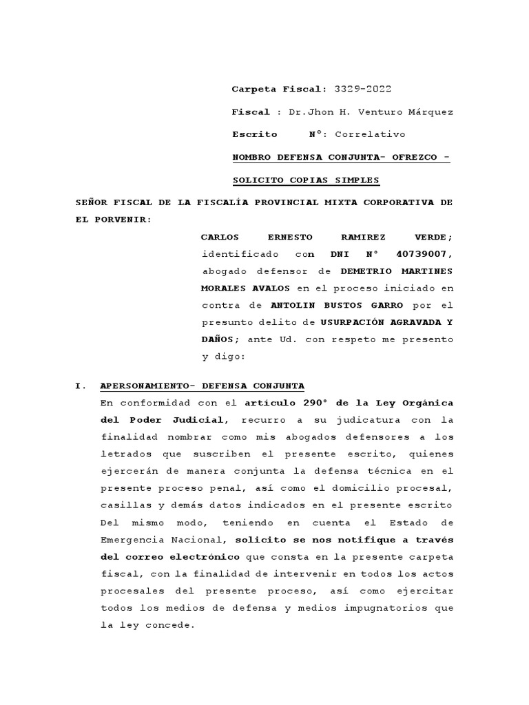 Esc.02 NOMBRO DEFENSA CONJUNTA - SOLICITO COPIAS SIMPLES 3329-2022 ...