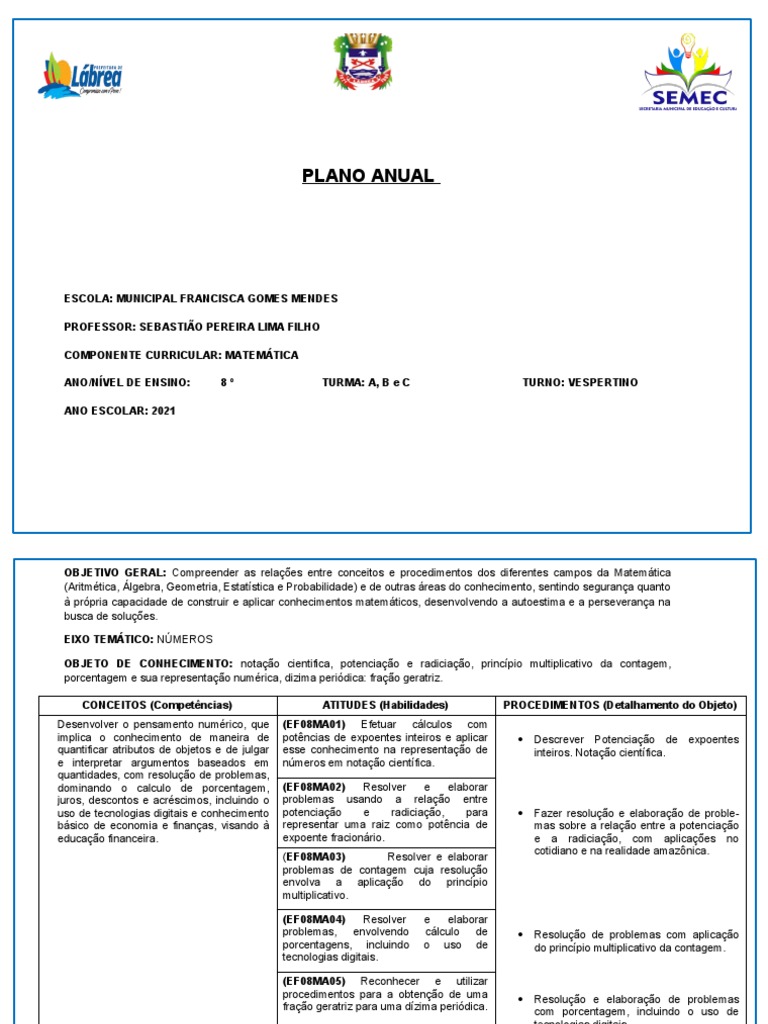 Plano Anual 8° Ano Pdf Equações Geometria 5597