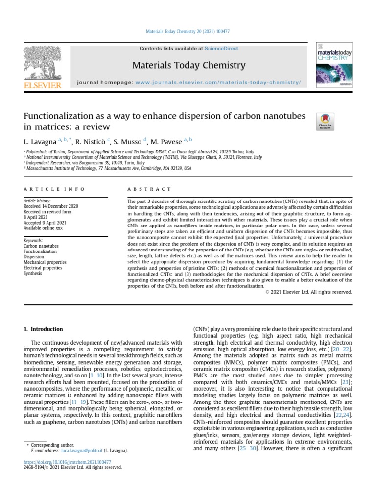 Functionalization As A Way To Enhance Dispersion of Carbon Nanotubes in Matrices A Review | PDF ...