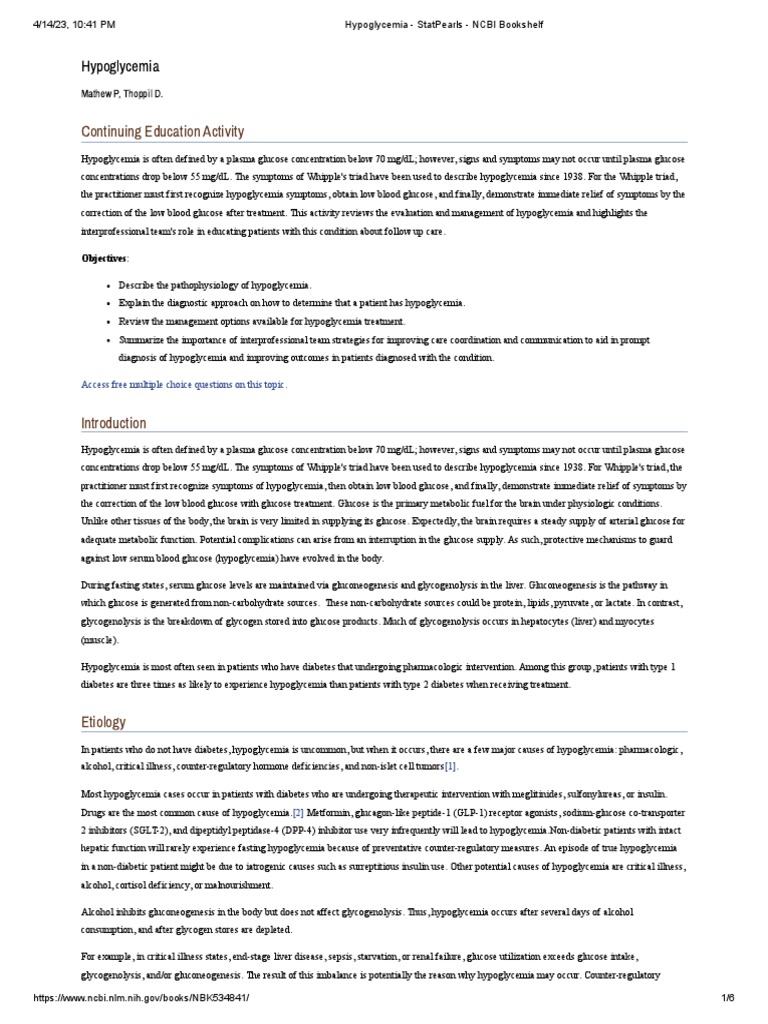Hypoglycemia - StatPearls - NCBI Bookshelf | PDF | Hypoglycemia ...