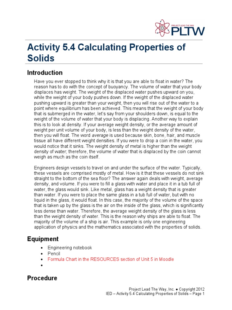 Activity 5.4 Calculating Properties of Solids: Formula Chart in The ...