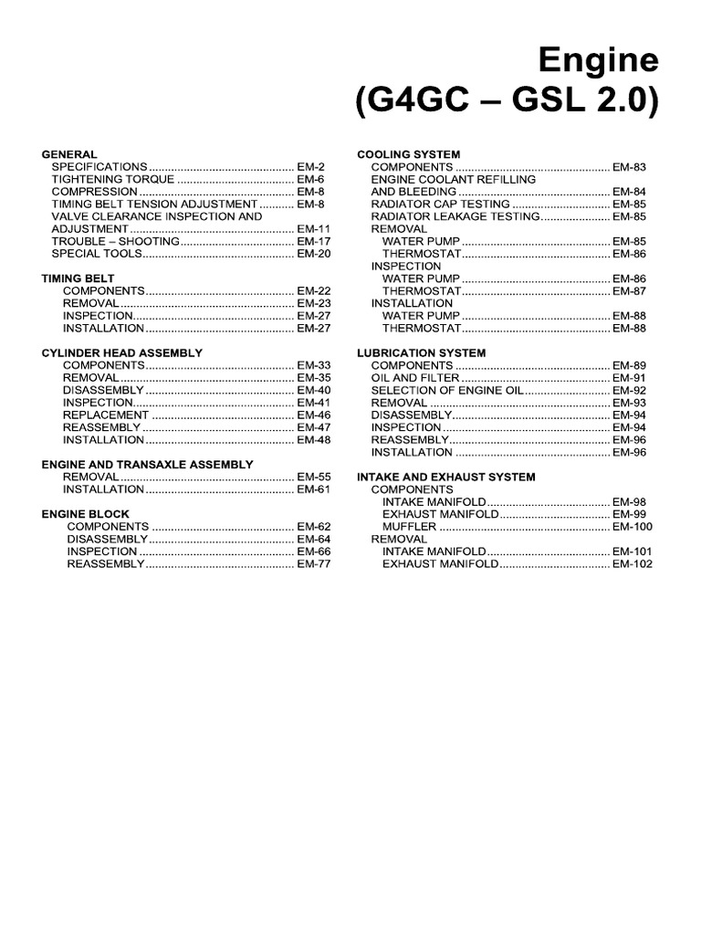 (TM) Hyundai Manual de Motor Hyundai Tucson Motor g4gc 2 0 2015 en Ingles | PDF