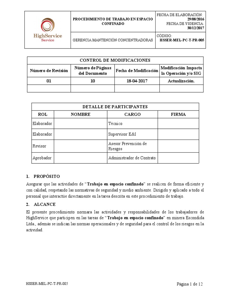 HSSER-MEL-PC-T-PR-005 - Procedimiento Trabajos en Espacio Confinado - (REV1) | PDF | Oxígeno ...