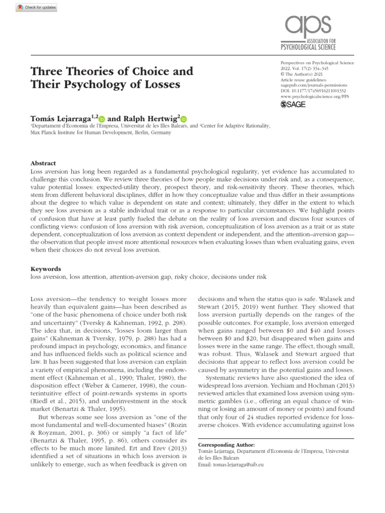 Three Theories of Choice and Their Psychology of Losses | PDF | Risk ...