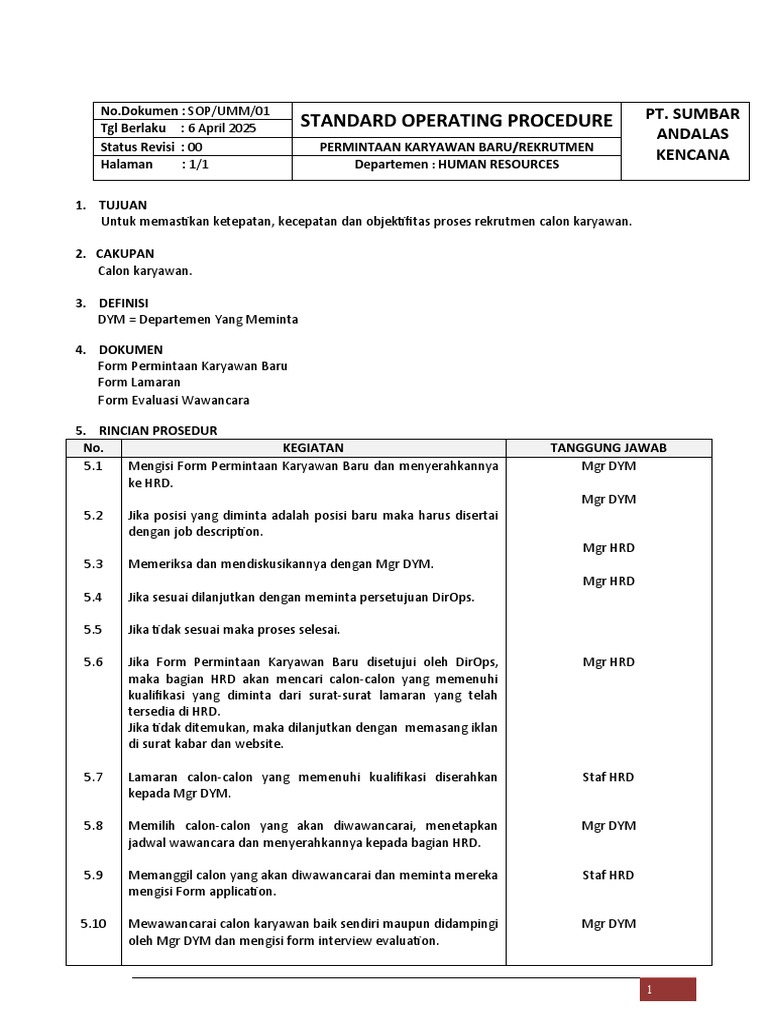 Standard Operating Procedure: Pt. Sumbar Andalas Kencana | PDF