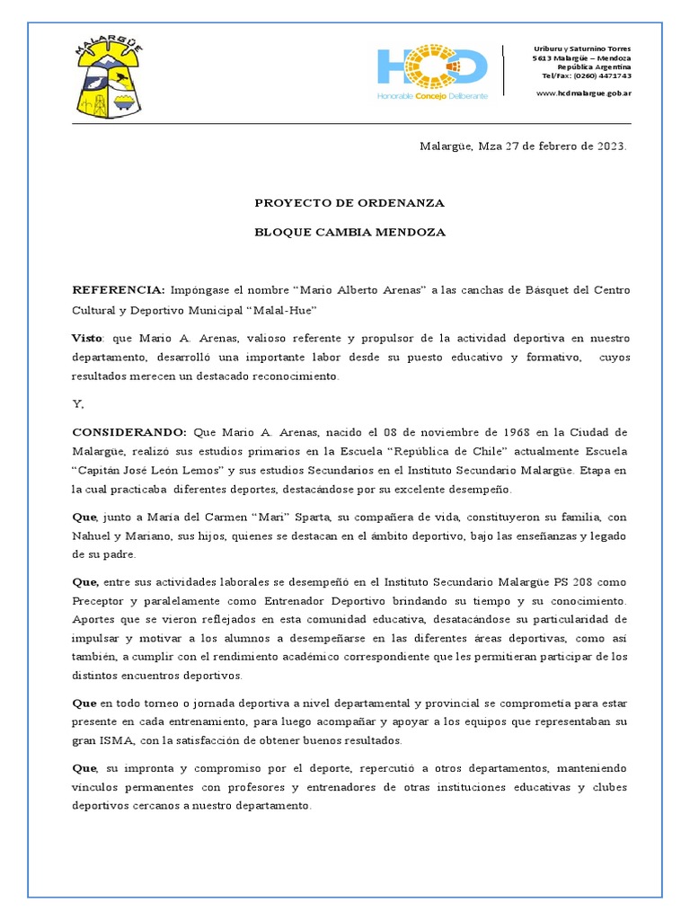 Proyecto de Ordenanza Mario Arenas | PDF | Deportes | Educación primaria