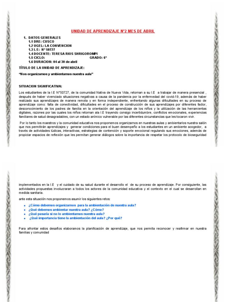 EXPERIENCIA DE APRENDIZAJE #2 Mes de Abril. | PDF | Salón de clases | Información