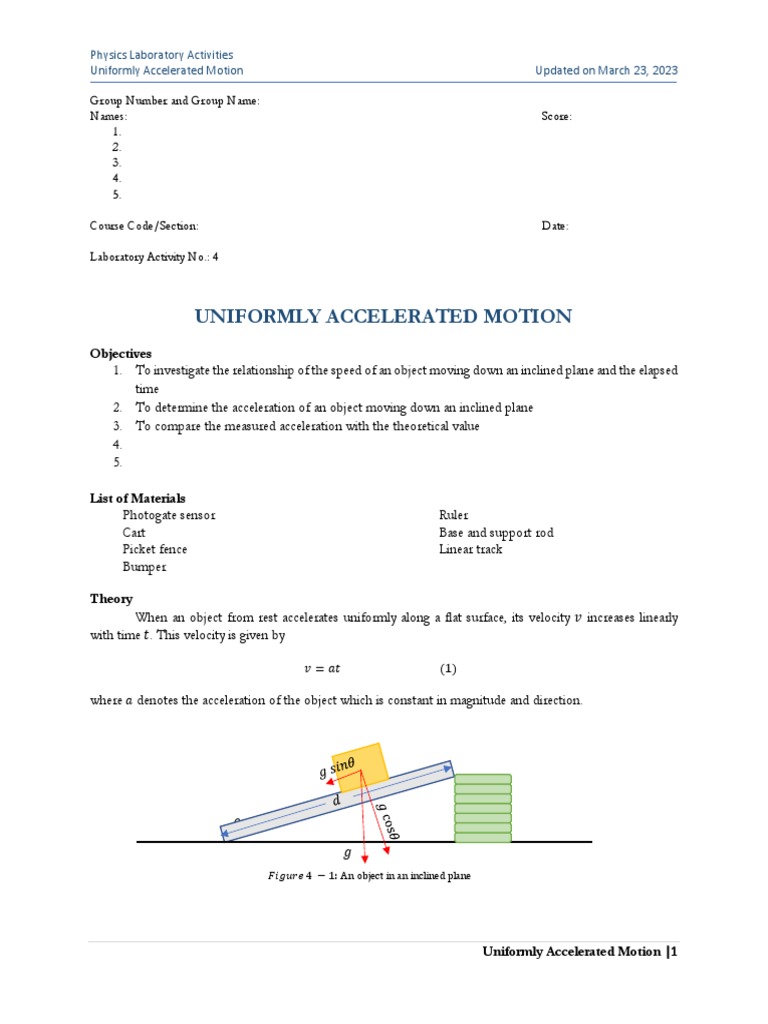 Uniformly Accelerated Motion: Objectives | PDF | Acceleration | Velocity