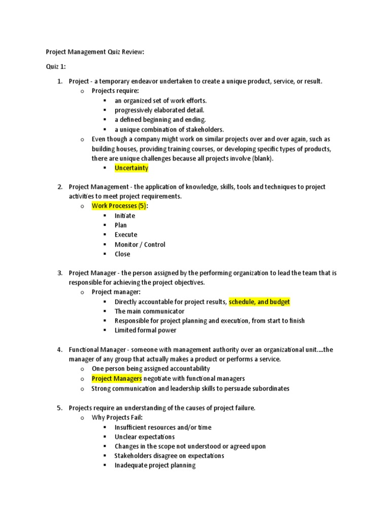 Project Management Quiz Review | PDF | Project Management | Business