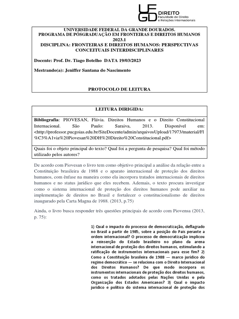 Protocolo de Leitura - Direitos Humanos e Direito Constitucional Internacional - Flávia Piovesan ...