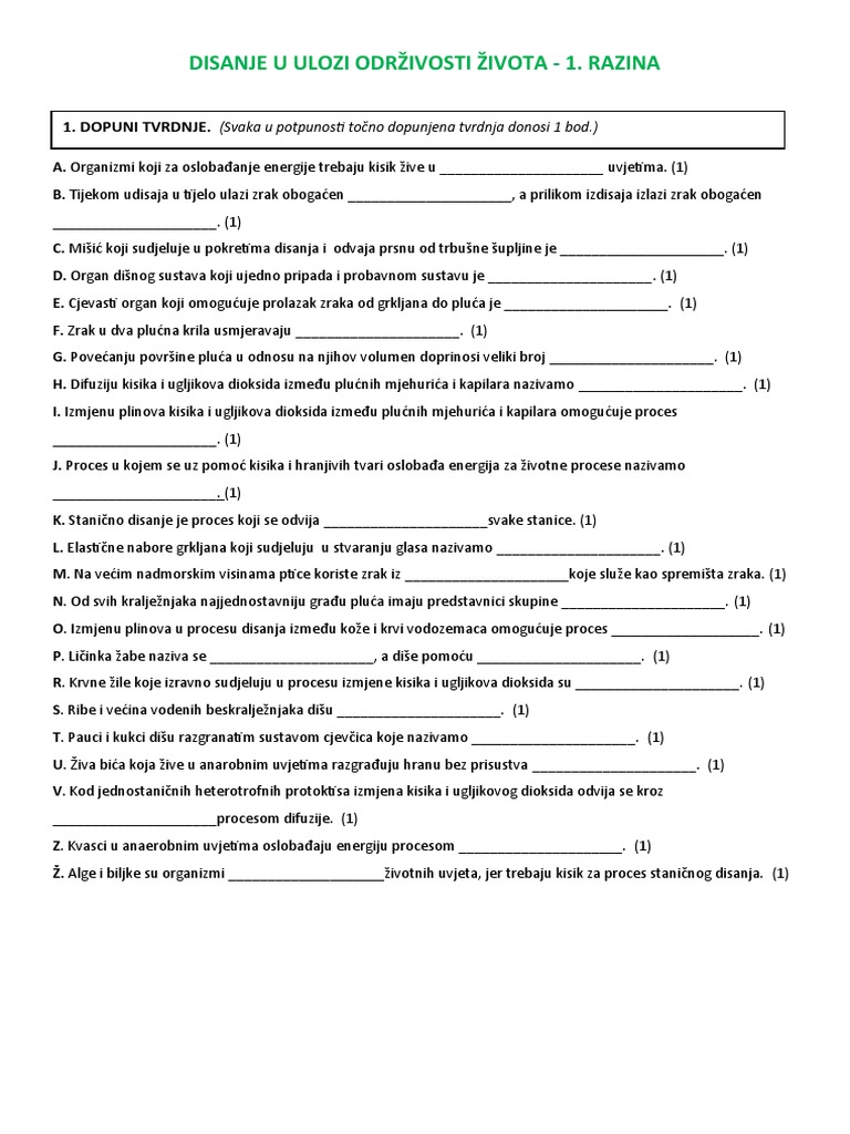 Disanje U Ulozi Održivosti Života - 1. Razina: 1. Dopuni Tvrdnje | PDF