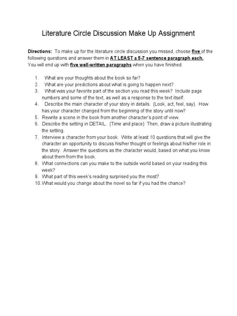 Literature Circle Discussion Make-Up Assignment Option | PDF
