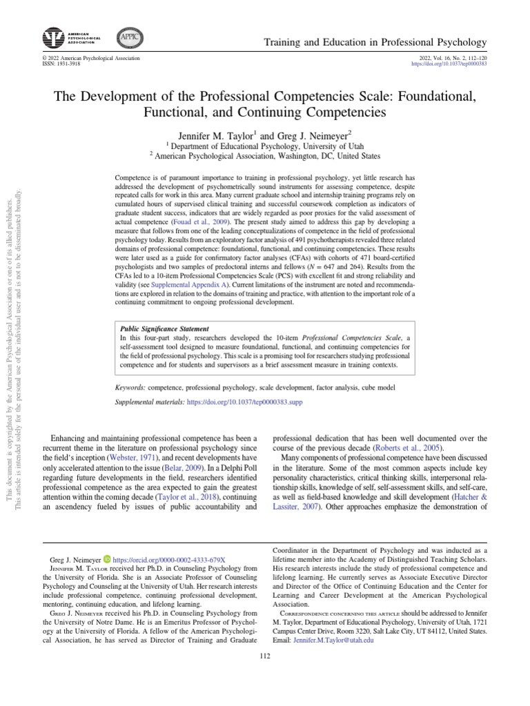 The Development of The Professional Competencies Scale: Foundational ...