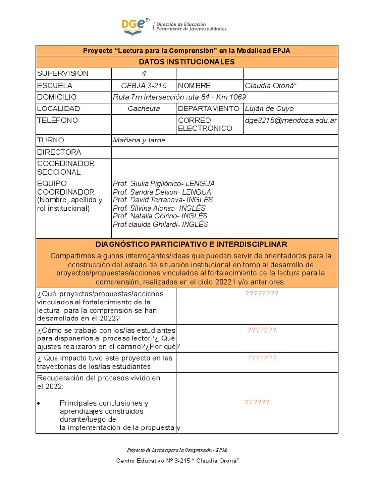 Datos Institucionales: Proyecto "Lectura para La Comprensión" en La Modalidad EPJA | PDF ...
